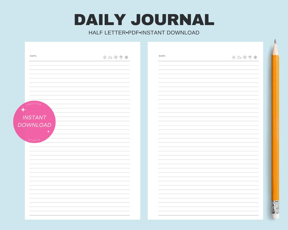Daily Journal | Undated Half Letter Printable Insert | Simple Layout ...