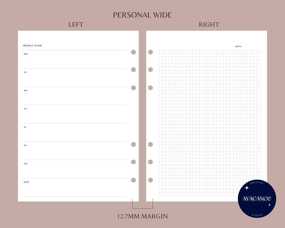 Weekly Planner | Personal Wide Undated Printable Insert | 2 Page Simple ...