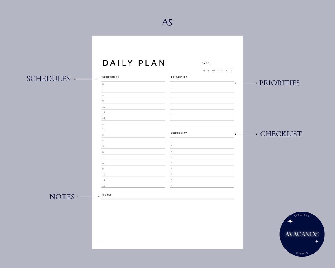 Daily Planner | A5 Undated Printable Insert | Minimal Layout Template ...