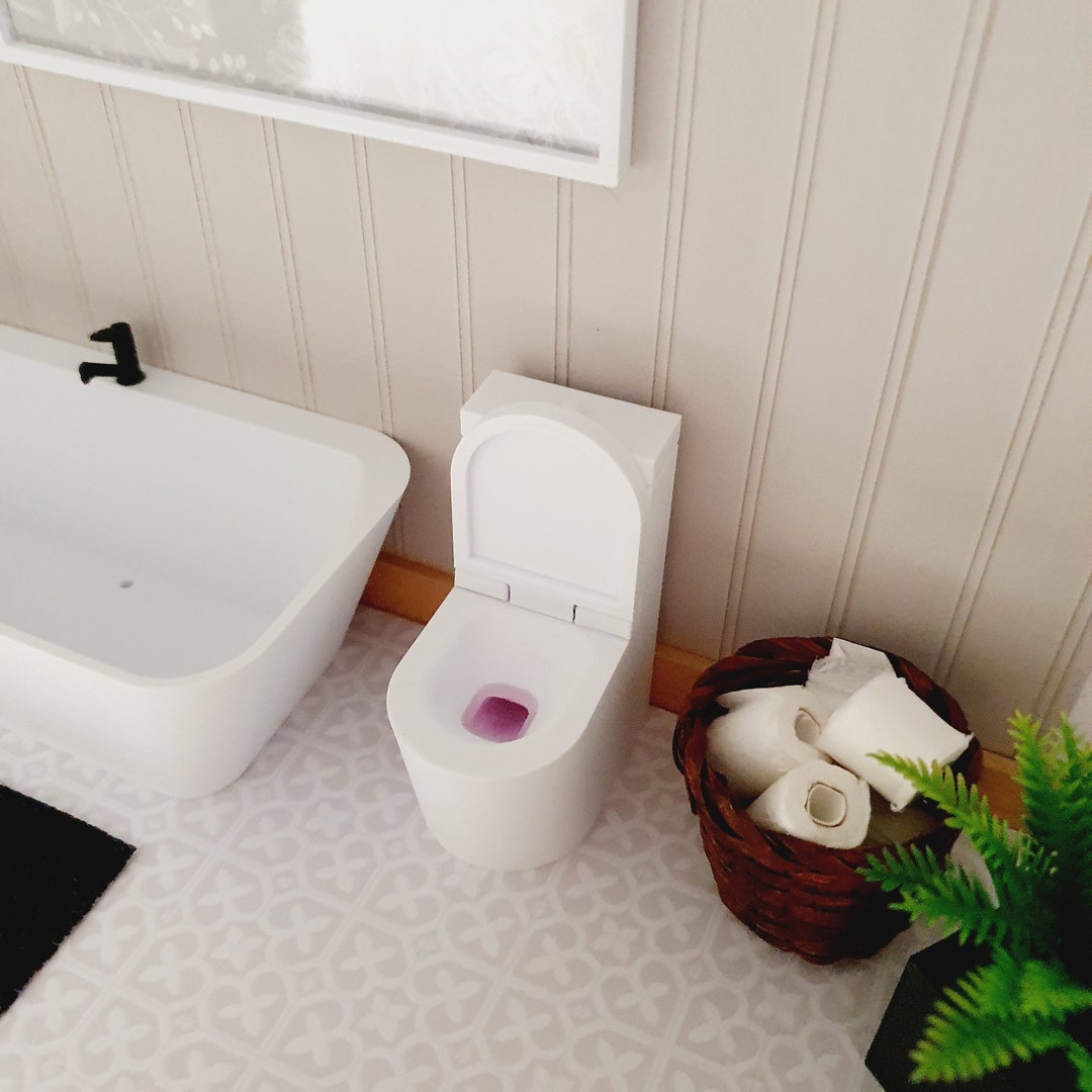 Dollhouse White Modern Toilet With Working Hinged Toilet Lid and Pink ...