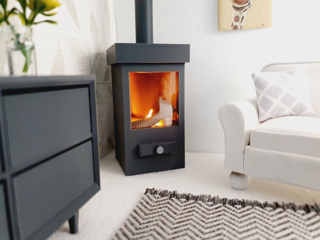 Dolls House Modern Dark Grey Square Log Fire With Light up Flame and ...
