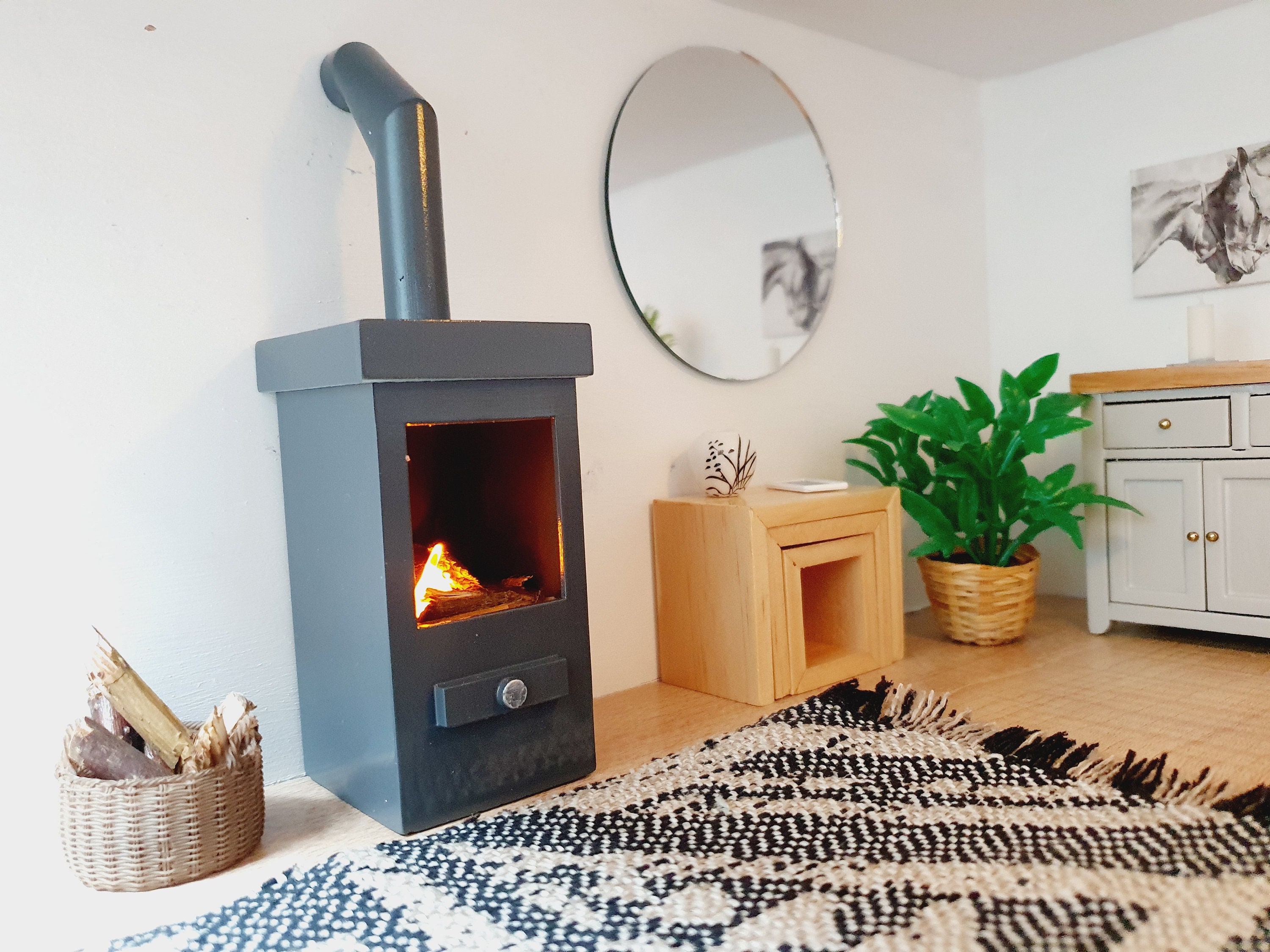 Dolls House Modern Dark Grey Square Log Fire With Light up - Etsy