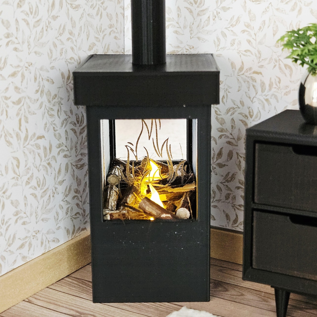 Dollhouse Miniature Fireplace, Modern Black Log Burner With Light, 1:12 ...