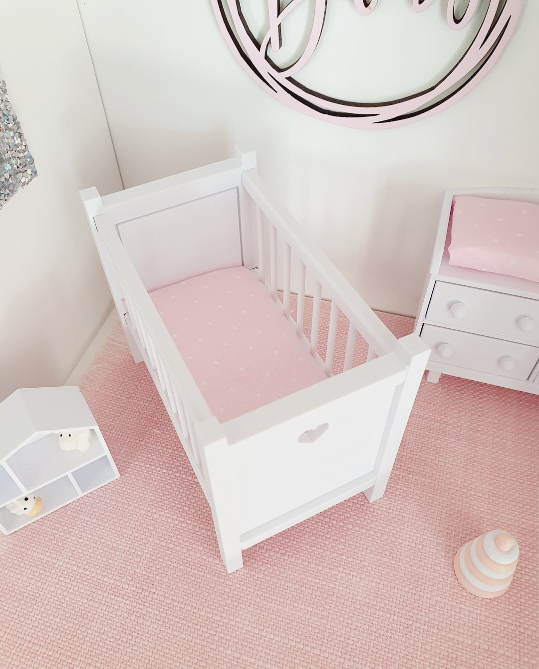 Dolls House Modern Coloured Cot With Polka Dot Mattress, 1:12th Scale ...