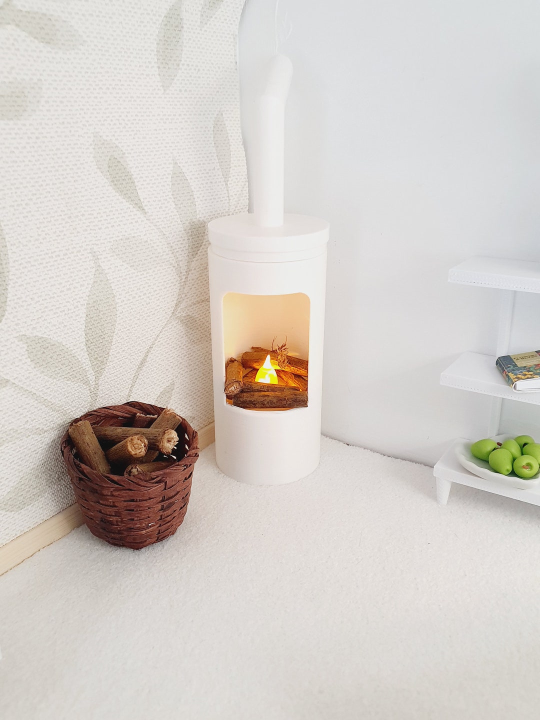 Dolls House White Modern Round Log Fire With Light up Flame and Wood, 1 ...