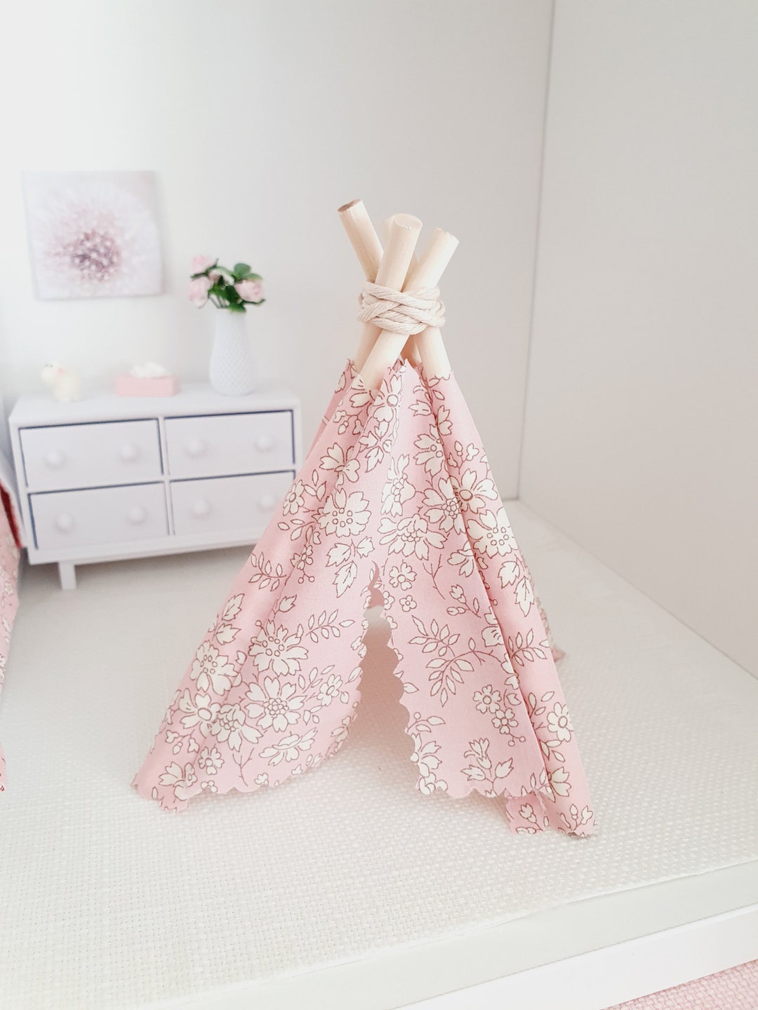 Dolls House Pretty Pink Liberty Teepee / Tent, Capel Pink Fabric, 12th ...