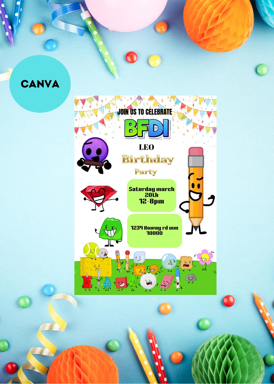BFDI Birthday Invitation: Editable Canva Template - Etsy
