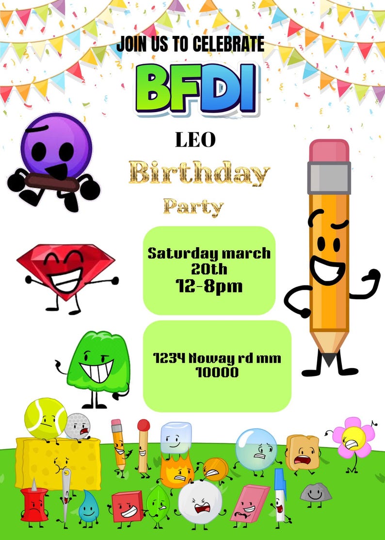 BFDI Birthday Invitation: Editable Canva Template - Etsy