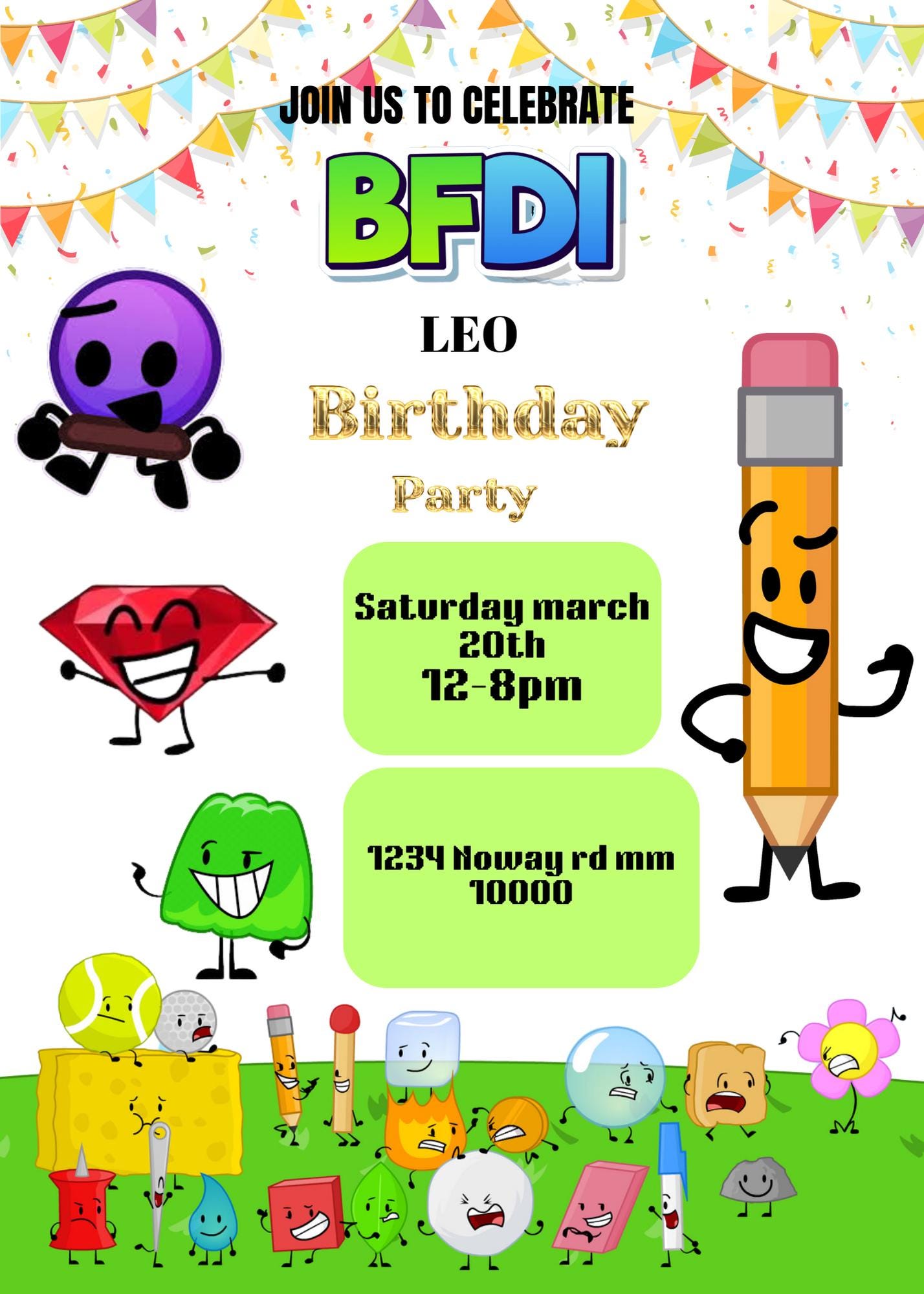 BFDI Birthday Invitation Card , BFDI Invitation Template . Editable Birthday Card for Boys and ...