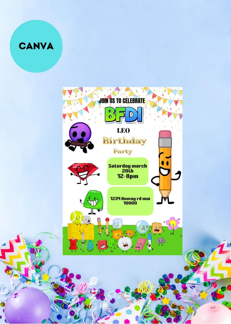 BFDI Birthday Invitation: Editable Canva Template - Etsy