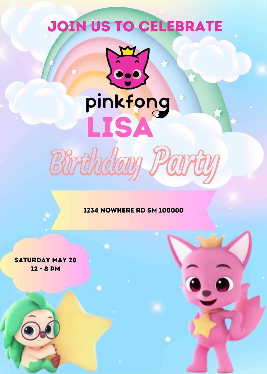 PINKFONG Birthday Invitation Card , Digital Template Easily Edited With ...
