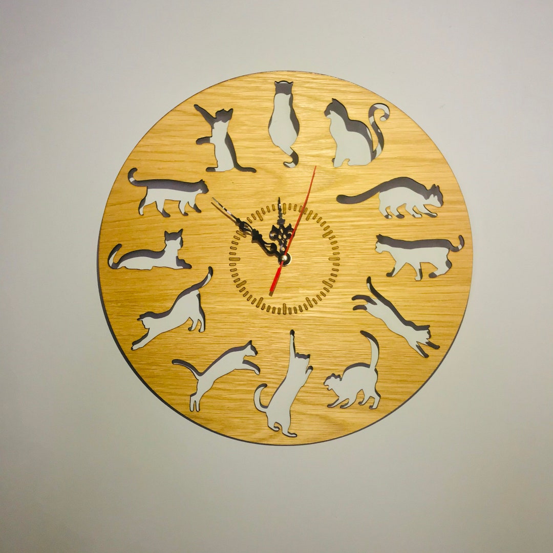 Laser Engraved | Wall Clock | Cat | Wood Veneer | Hanging Clock| Wall ...