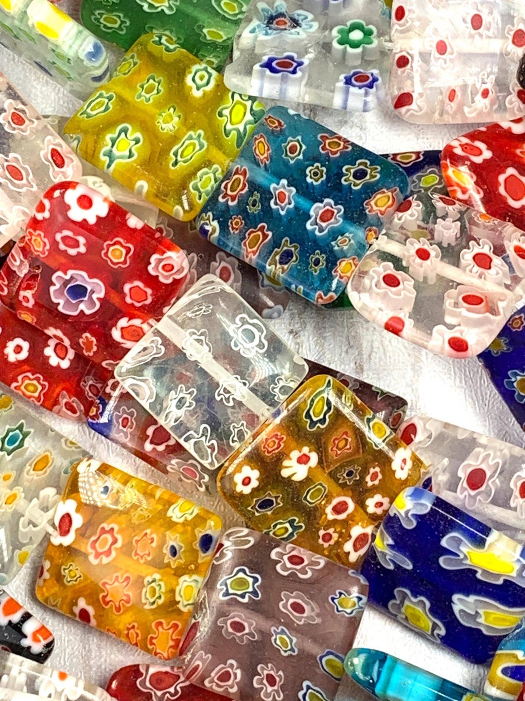 Millefiori Glass Flat Square Beads, Multicolor Floral Beads, Colorful ...