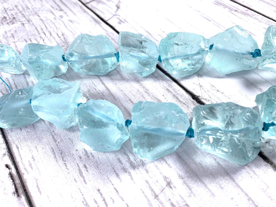 Aqua Glass Nugget Beads, Drilled Glass Irregular Beads, Chunky Glass ...