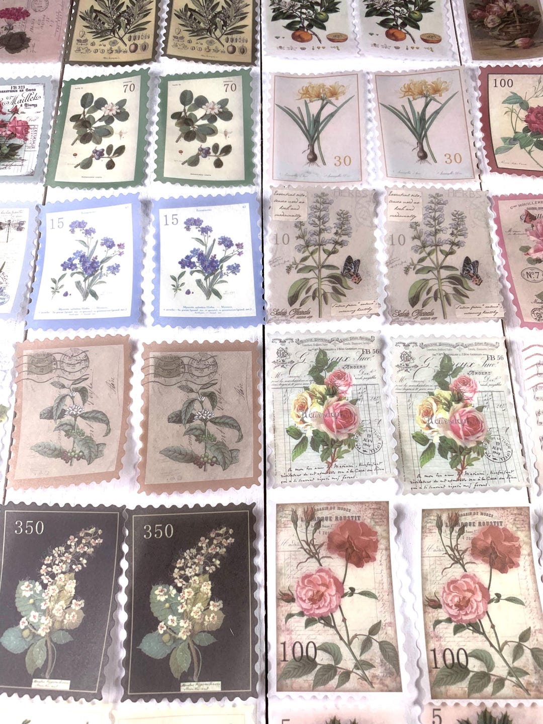 60 Vintage Stamp Style Stickers, Floral, Plant, Woodland Animals ...