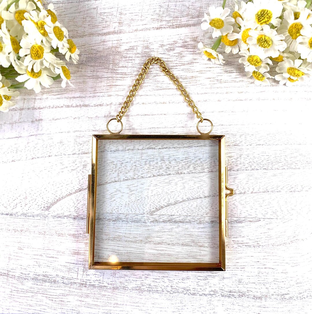 Square Hanging Ornament Frame, Mini Gold Brass Frame for Pressed ...
