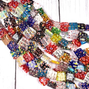 Millefiori Glass Flat Square Beads, Multicolor Floral Beads, Colorful ...