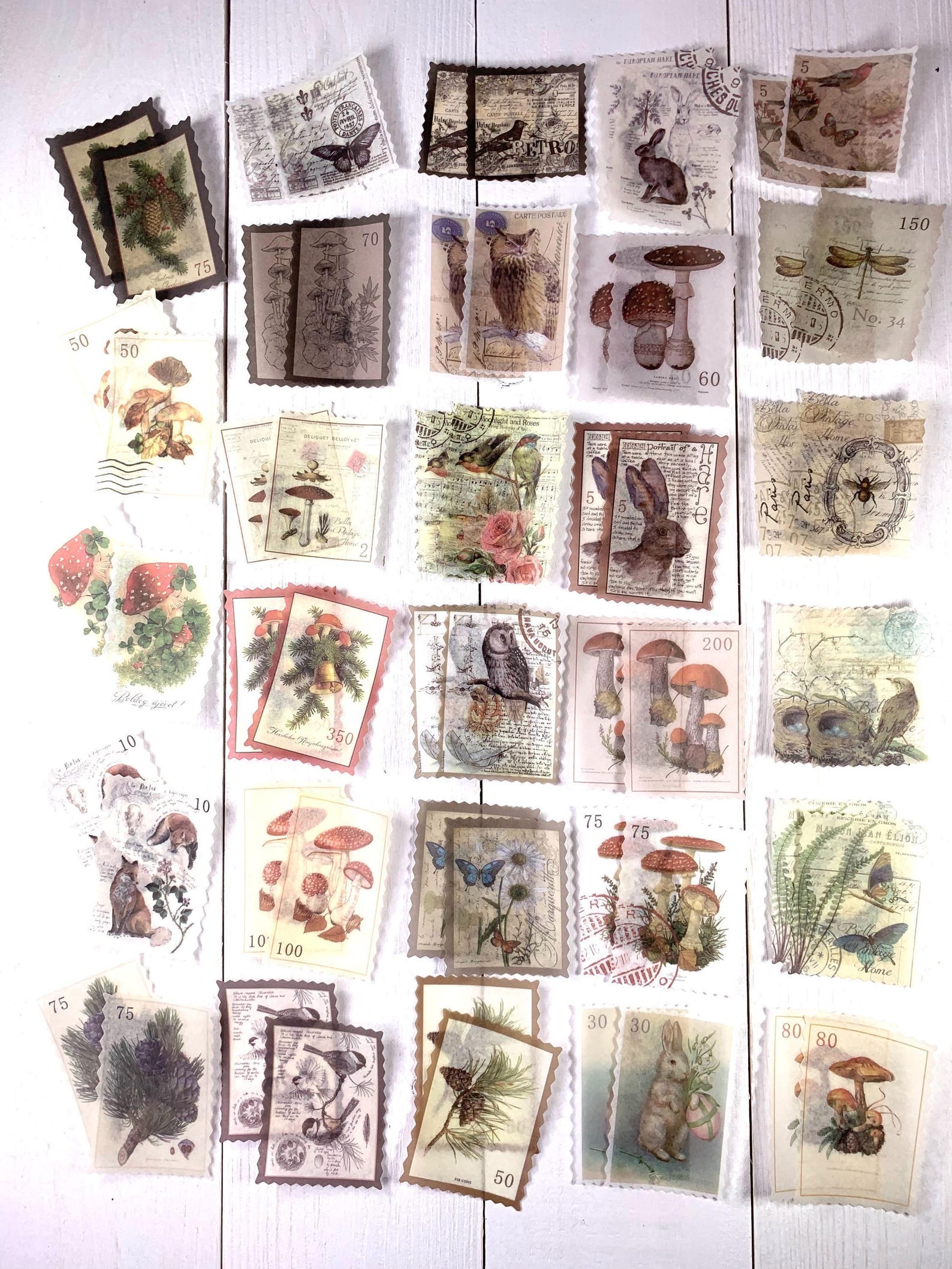 60 Vintage Stamp Style Stickers, Floral, Plant, Woodland Animals ...