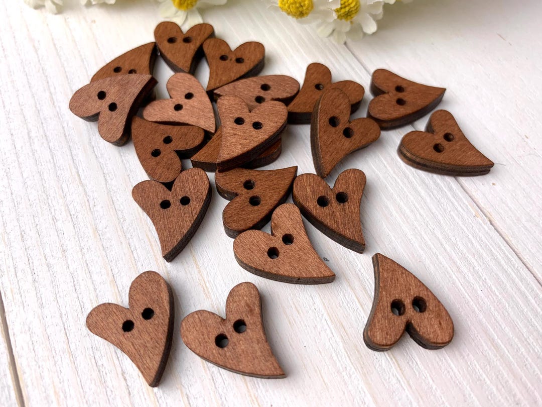20 Wood Heart Buttons for Crafts, 2-hole Stained Wood Hearts, Cute ...