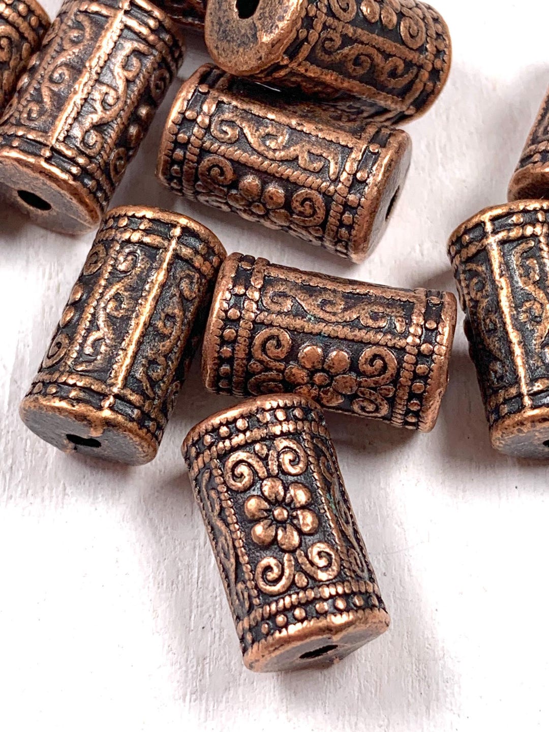 10 Copper Floral Pattern Column Beads, 16.5x8.5mm Large Cylinder Tube ...