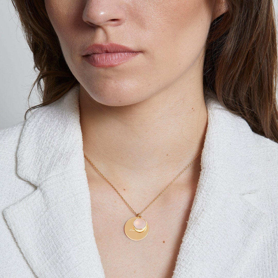 Personalized Pink Stone Medal Necklace, Engraved First Name Jewelry ...