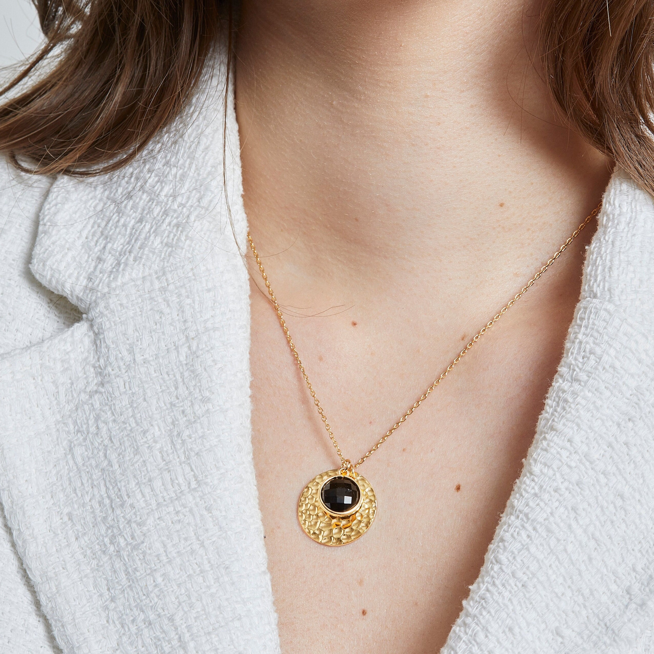 Personalized Hammered Black Stone Medal Necklace, Gold Plated, Gift ...