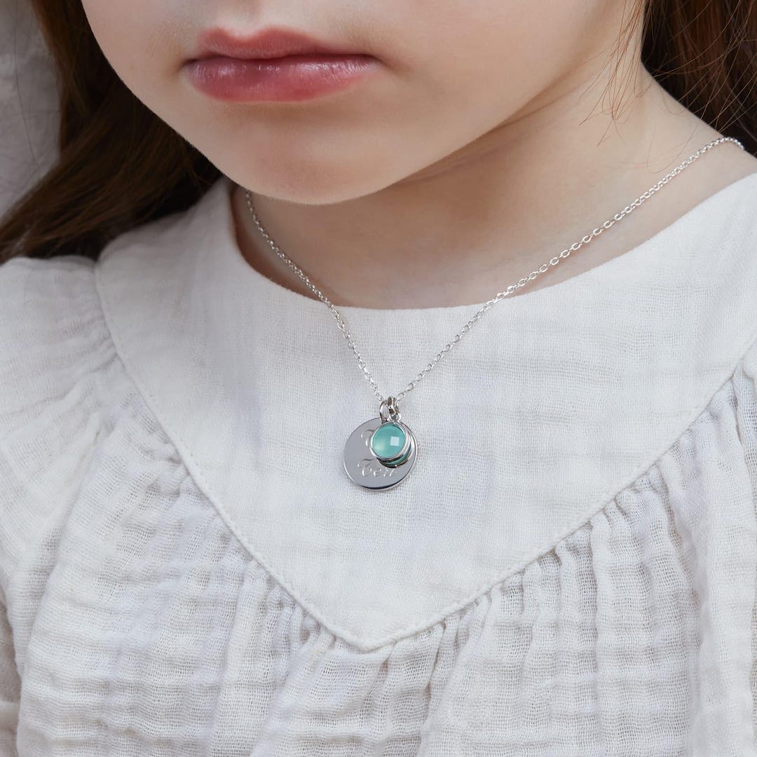 Personalized Child's Silver and Blue Stone Medal Necklace, Child's ...