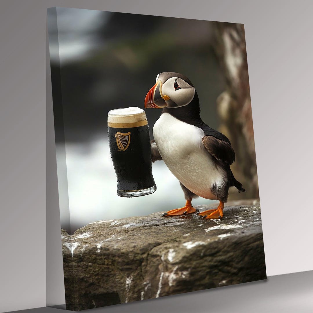 Funny Puffin Drinking Guinness Canvas Wall Art Ready to Hang Stretched ...