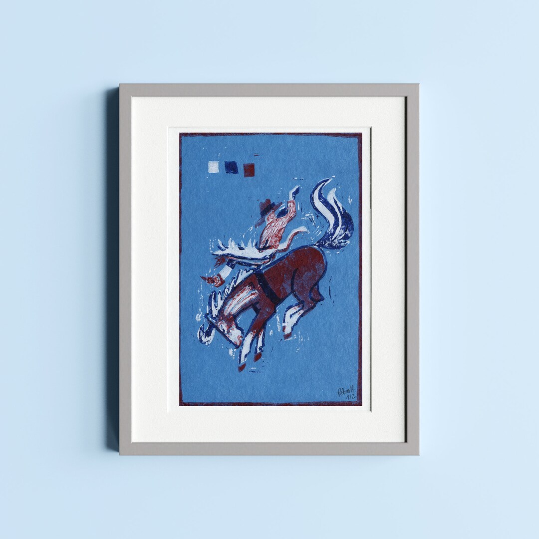 Rodeo Cowboy Linocut Print 3color - Etsy New Zealand