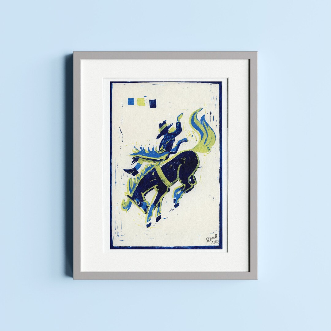 Rodeo Cowboy Linocut Print 3color - Etsy