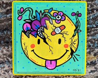CRACKED SMILE acrylic painting 5x5 on Wood Block unframed psychedelic ...