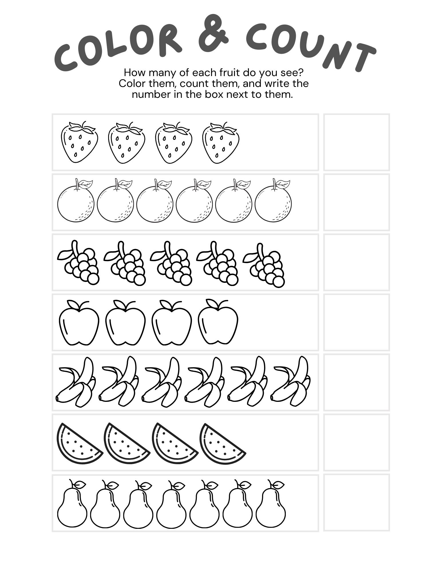 Fruit Count and Color Worksheet - Etsy