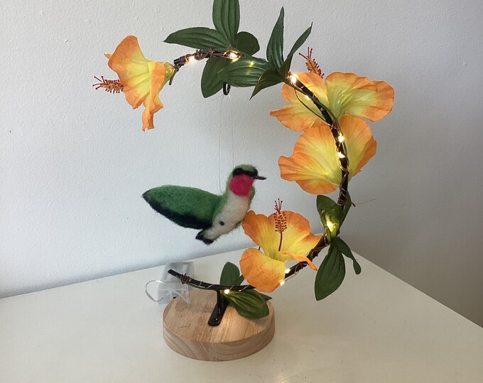 Needle Felt Hummingbird Lighted Stand With Flowers 12” Home Decoration ...