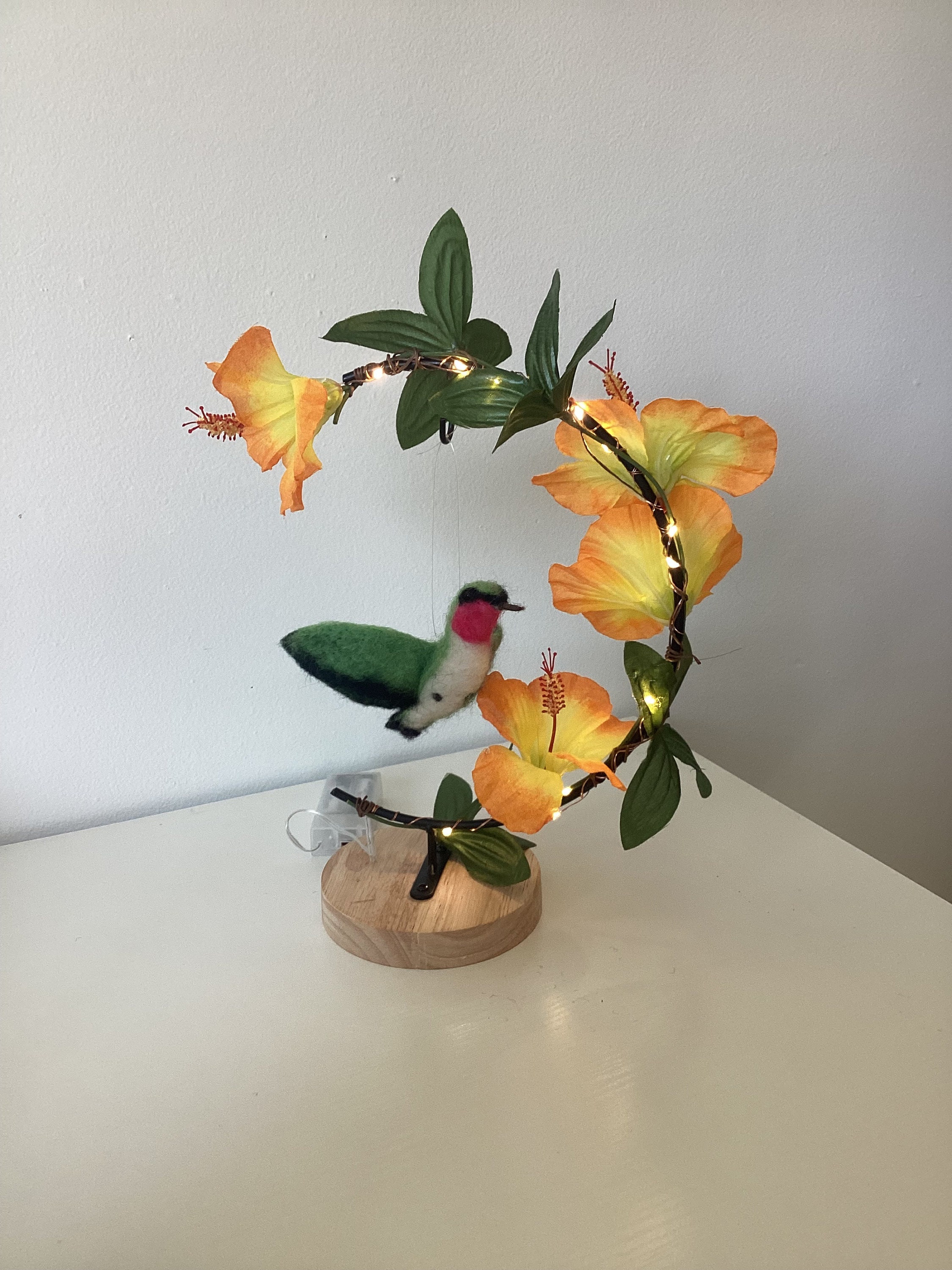 Needle Felt Hummingbird Lighted Stand With Flowers 12 Home Decoration ...