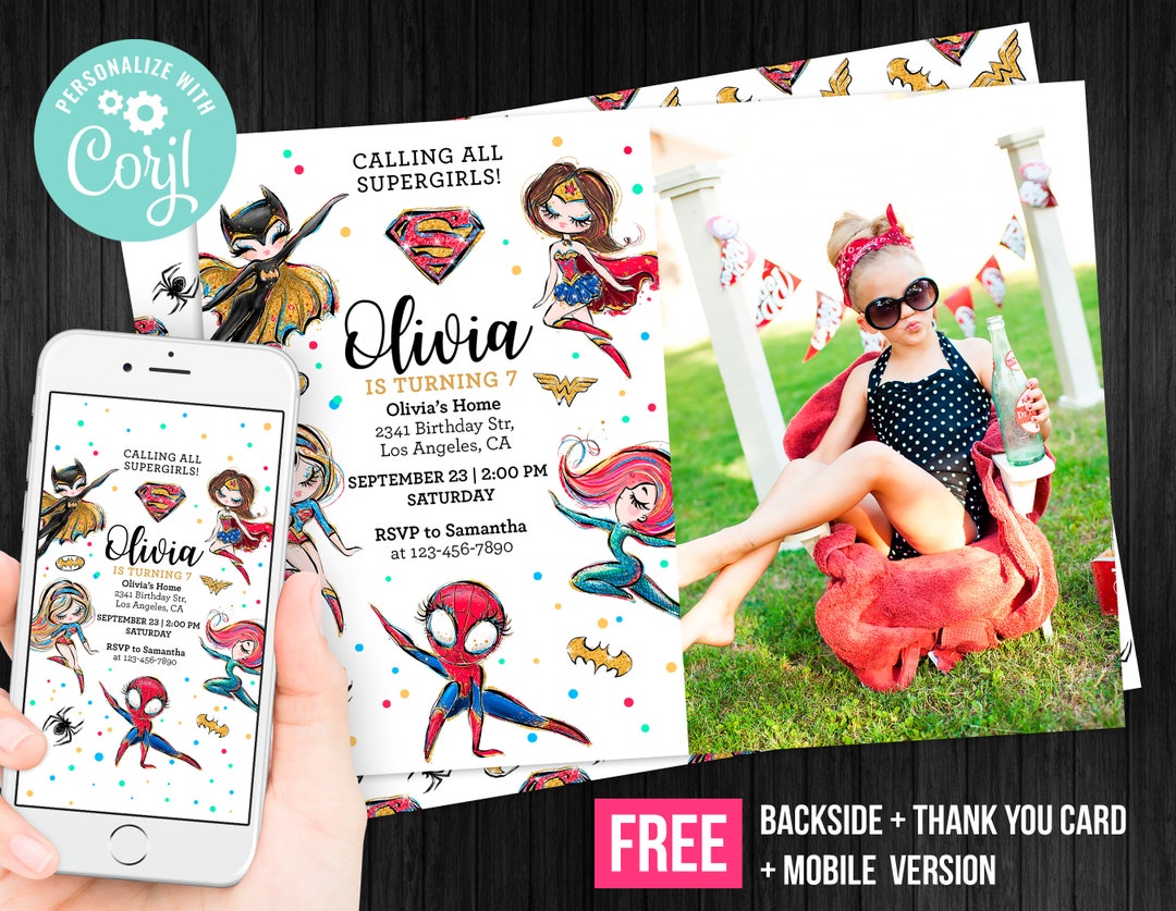 Superhero Girl Birthday Invitation Photo Picture Editable - Etsy