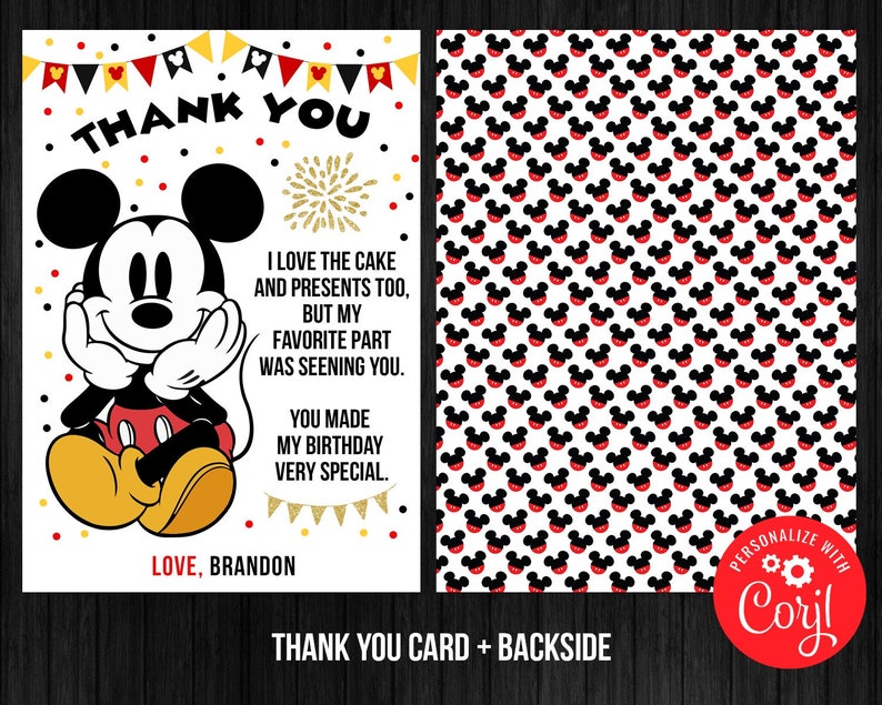 Mickey Mouse Birthday Boy Thank You Card Digital Instant - Etsy
