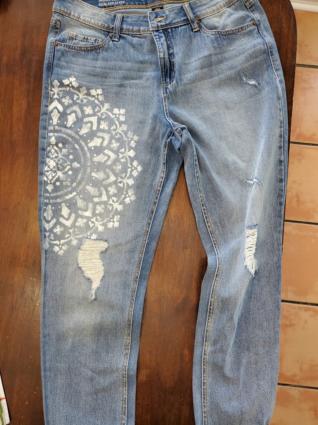 Hand Stenciled Jeans With White Mandala Design - Etsy