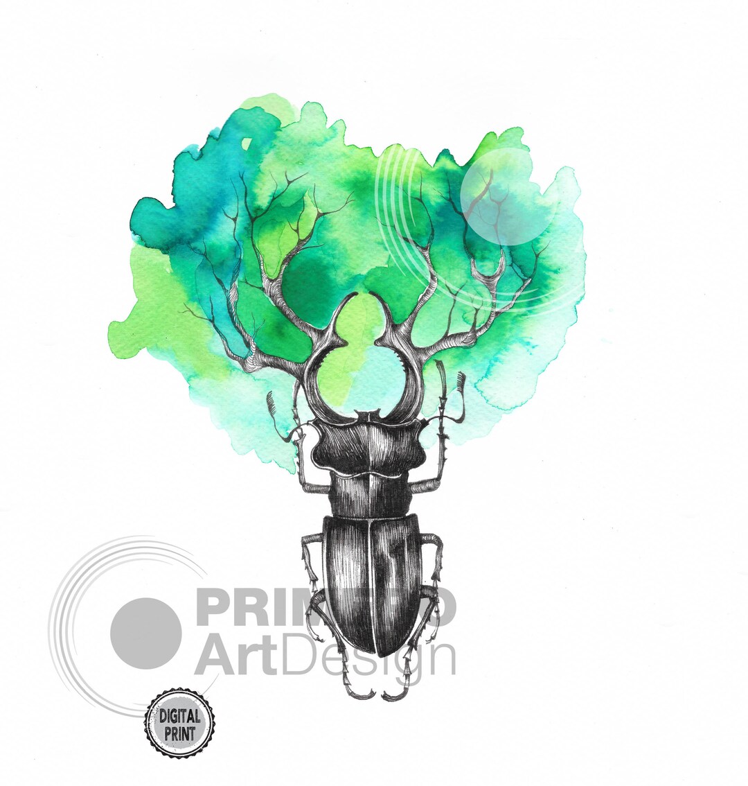 Stag Beetle Printable Watercolor Painting, Animal Digital Art for Kids ...