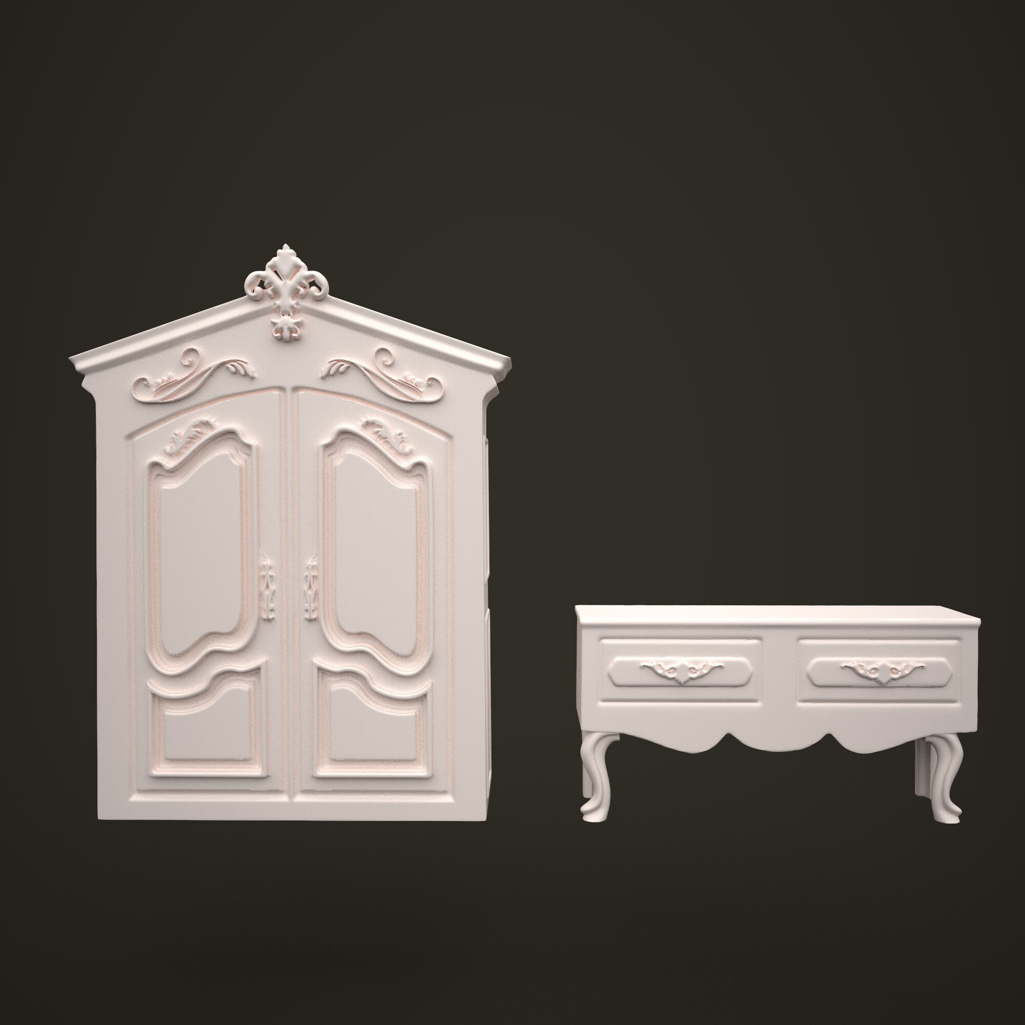 Antique Wardrobe 3D Printable STL OBJ File Vintage Closet French Rococo ...