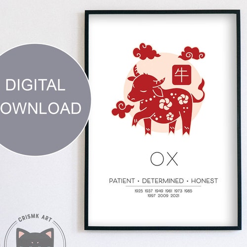 OX chinese Lunar Horoscope Zodiac Print Poster Home Decor | Etsy
