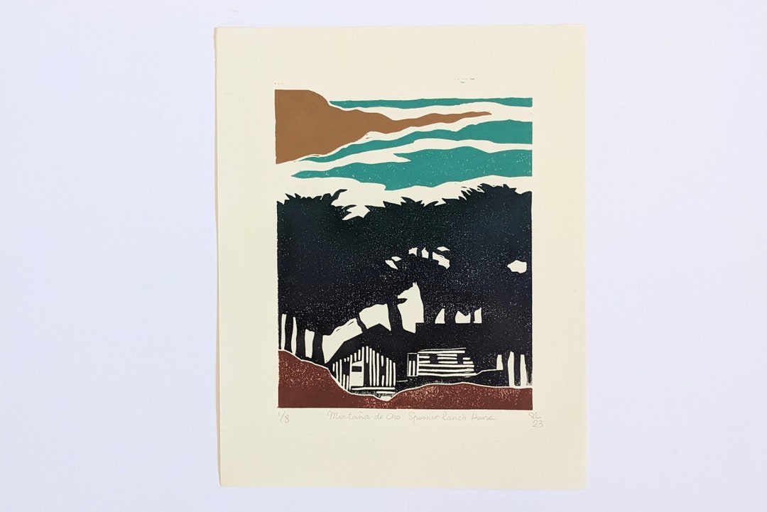 Montaña De Oro Spooner Ranch House. Linocut Print in Ochre, Turquoise ...
