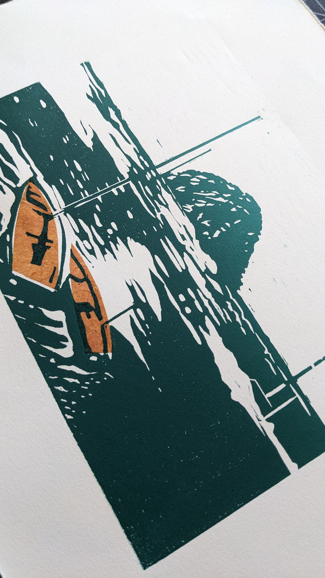 Morro Rock Linocut Print: Blue Green Ochre Seascape (8x10) - Etsy