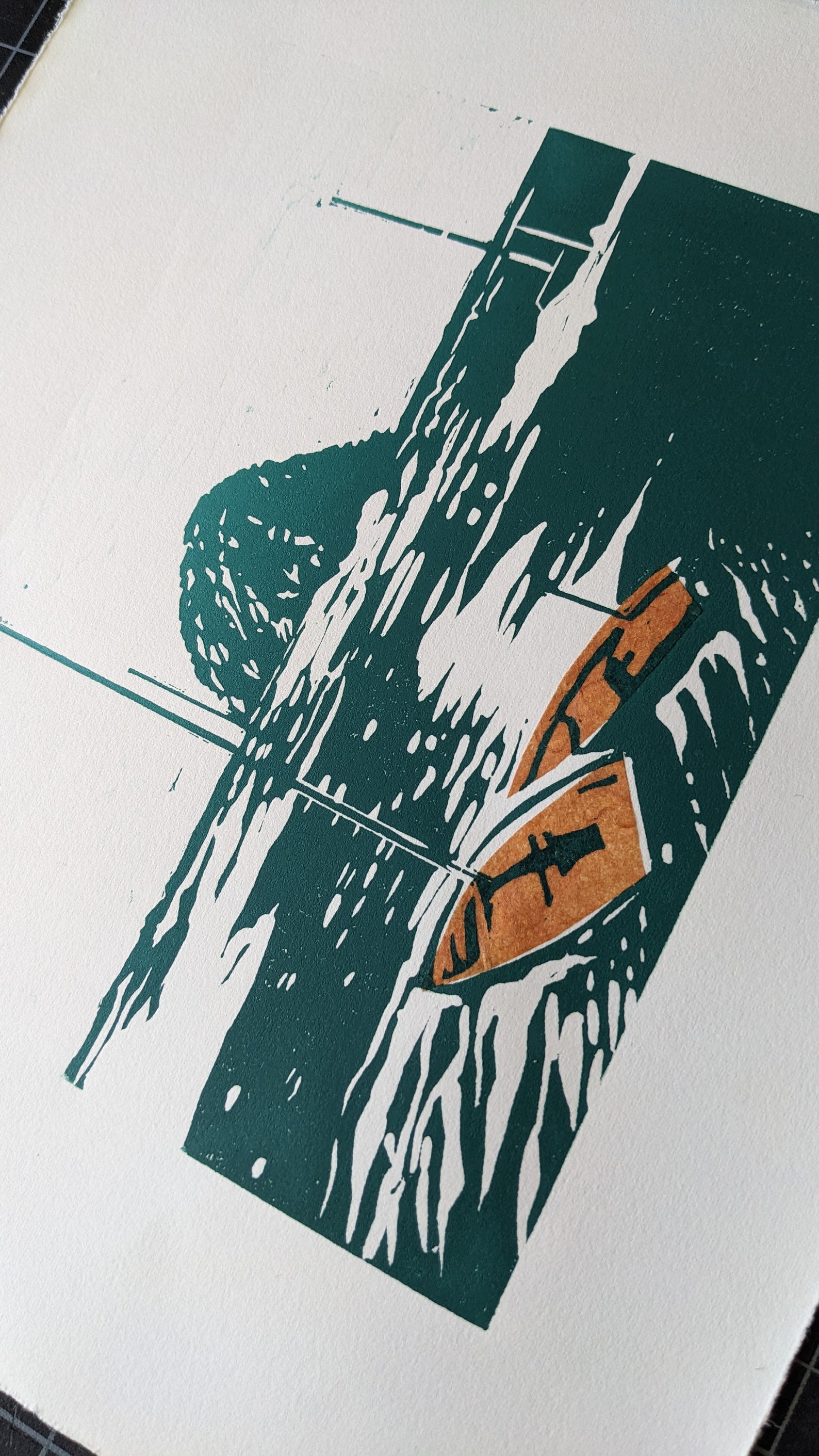 Morro Rock Linocut Print: Blue Green Ochre Seascape (8x10) - Etsy