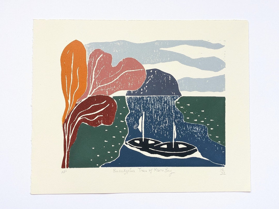 Eucalyptus Trees of Morro Bay. Color Woodcut Print, Original Handmade ...