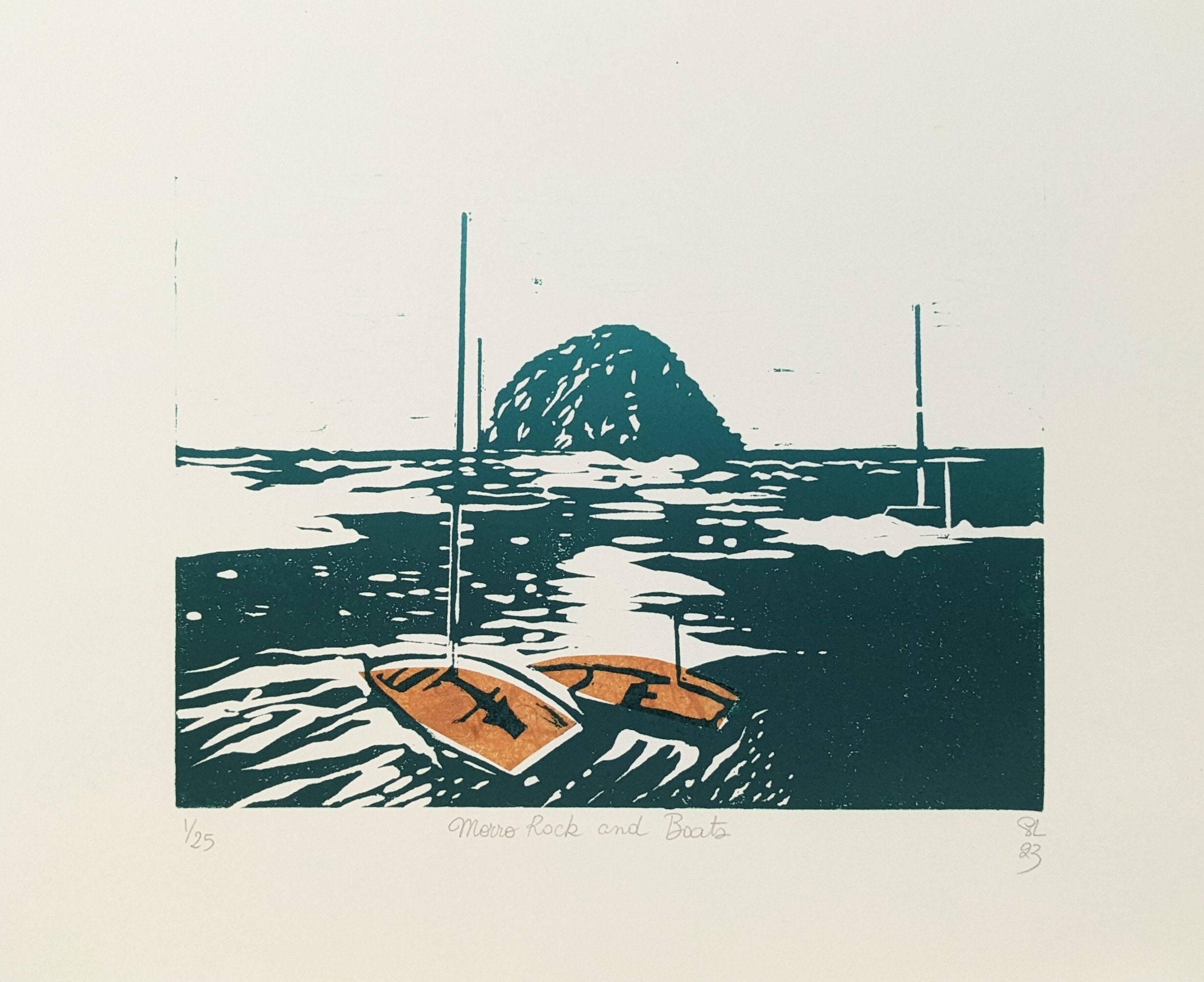 Morro Rock Linocut Print: Blue Green Ochre Seascape (8x10) - Etsy