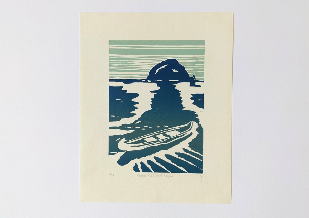 Morro Bay Linocut Print: Blue Ocean Kayak Art, Limited Edition - Etsy