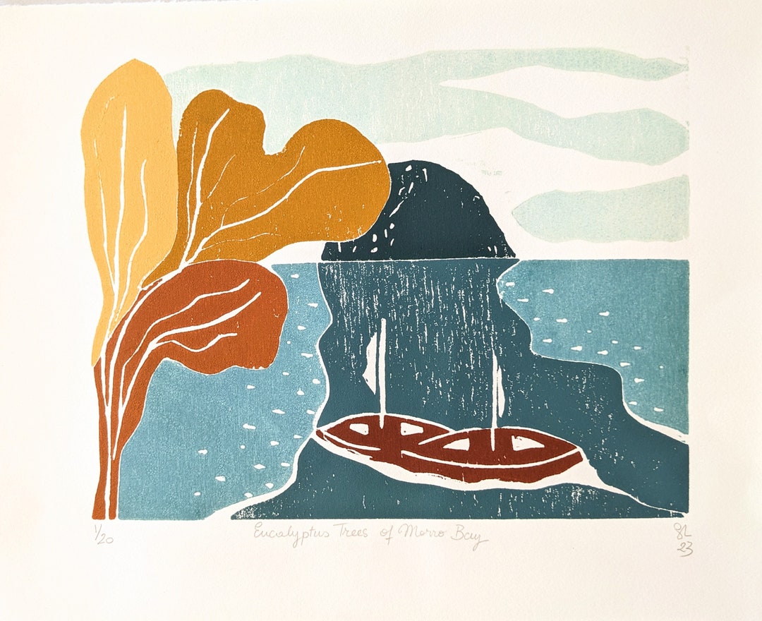 Eucalyptus Trees of Morro Bay. Woodcut Print in Blue, Ochre, and Brown ...