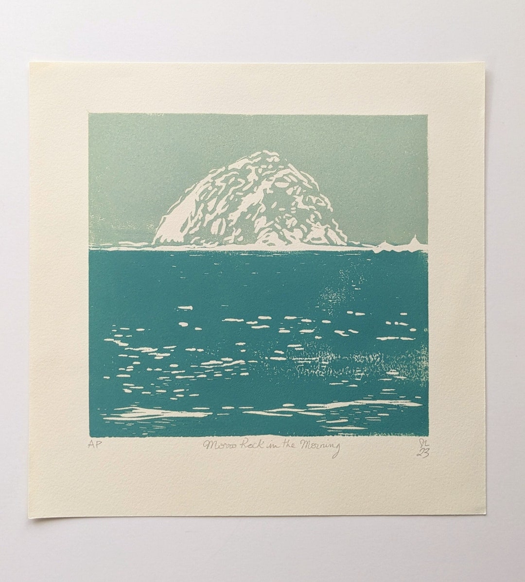 Morro Rock Linocut Print: Multicolor Seascape Art - Etsy