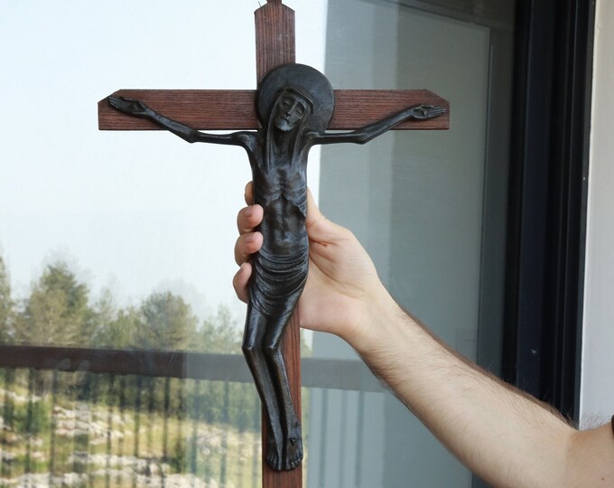 Beautiful Antique Large French Crucifix Metal Wood Heavy Christ Crown ...
