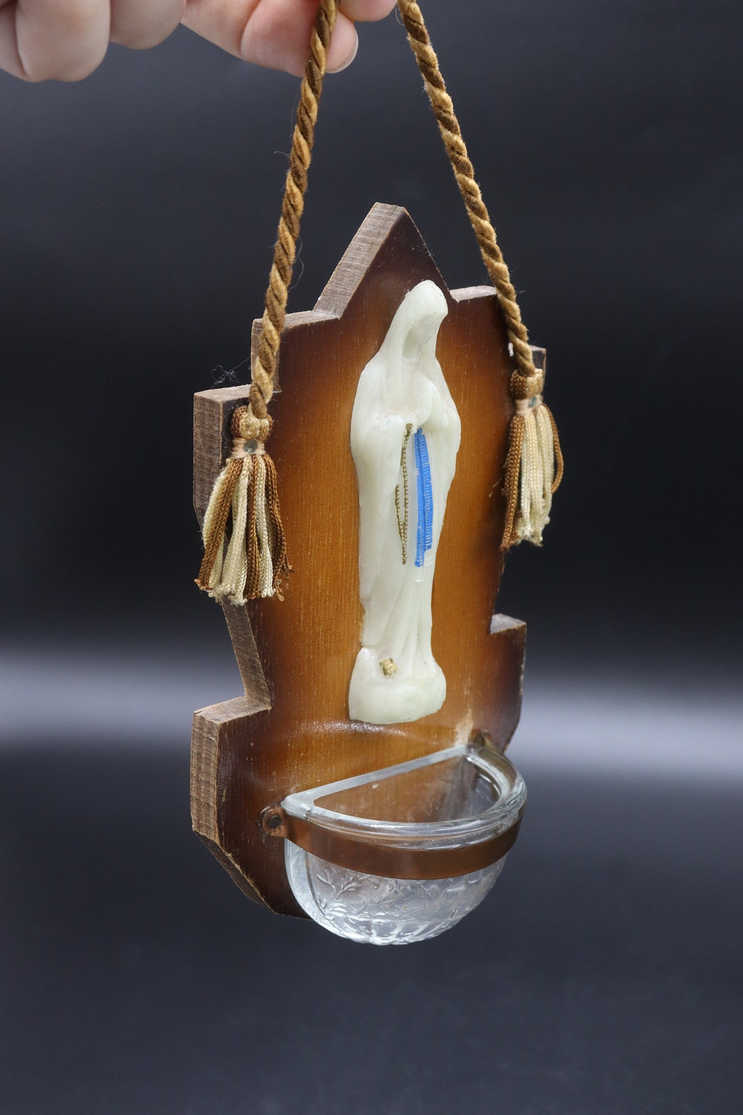 Wood Glass Phosphor Holy Water Font 1960s Mary Virgin Vintage Hanging ...